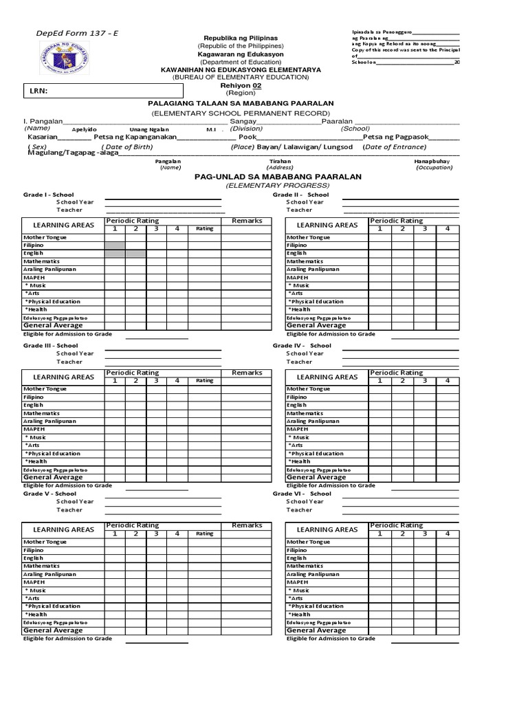 Form 137-E For K To 12 Curr. With LRN | Primary Education | Philippines