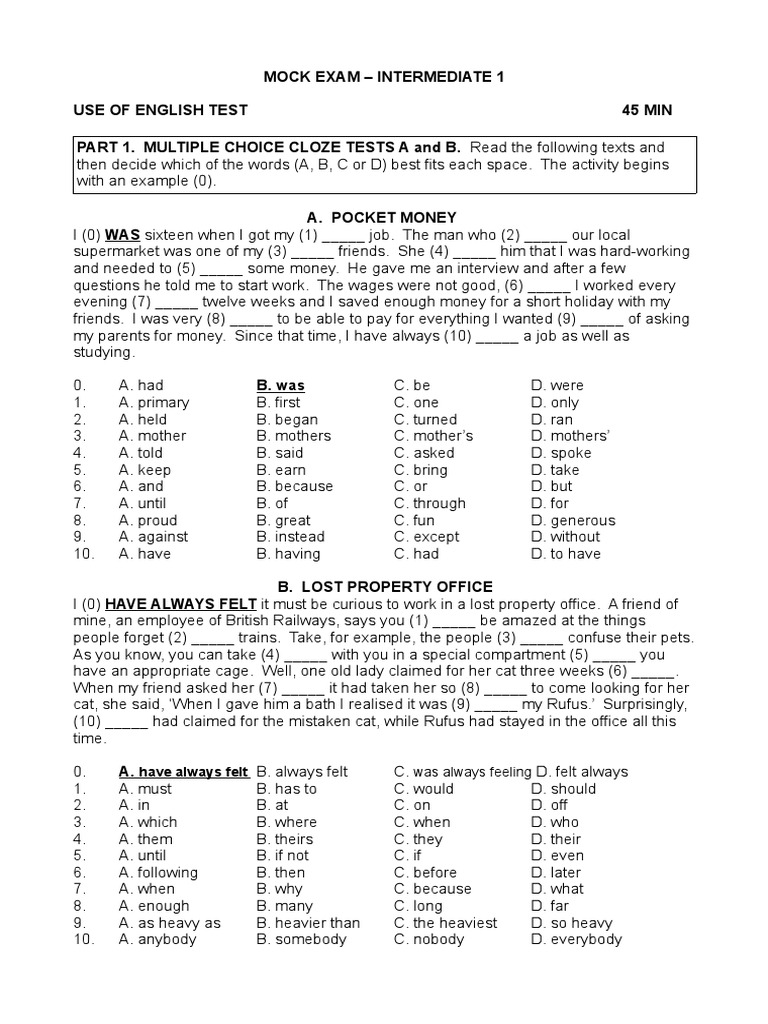 Mock Exam - Intermediate 1 Use of English Test 45 MIN PART 1. MULTIPLE ...