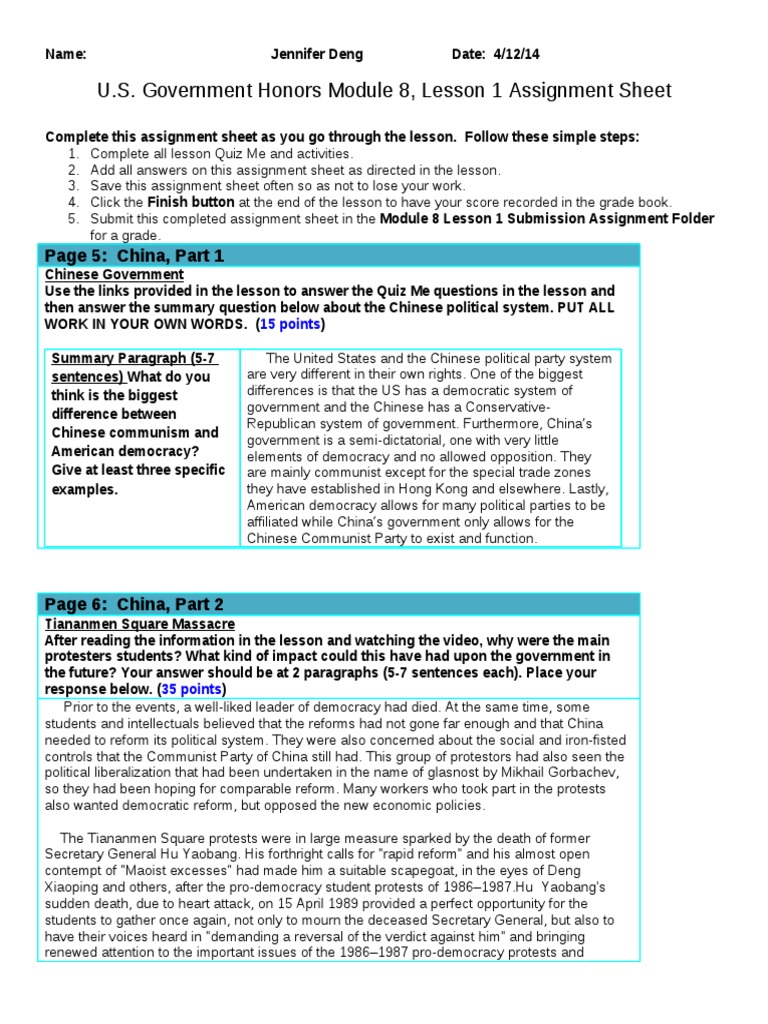 U.S. Government Honors Module 8, Lesson 1 Assignment Sheet: Page 5: China, Part 1 | PDF