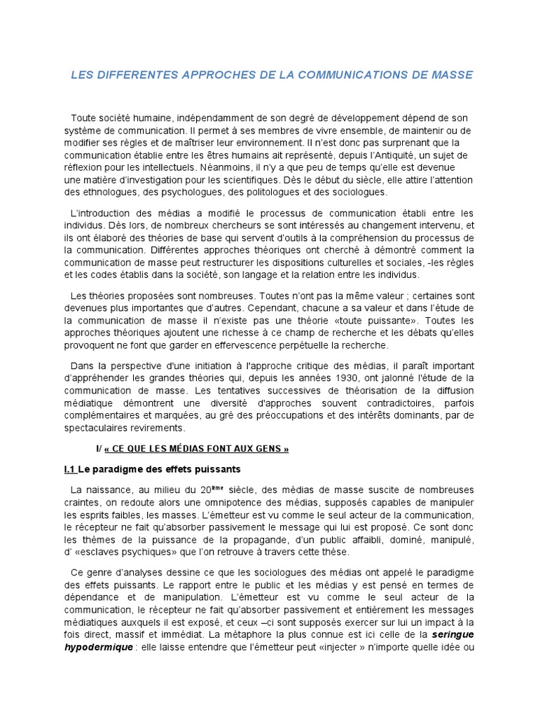 Les Differentes Approches de La Communications de Masse | PDF | Média ...