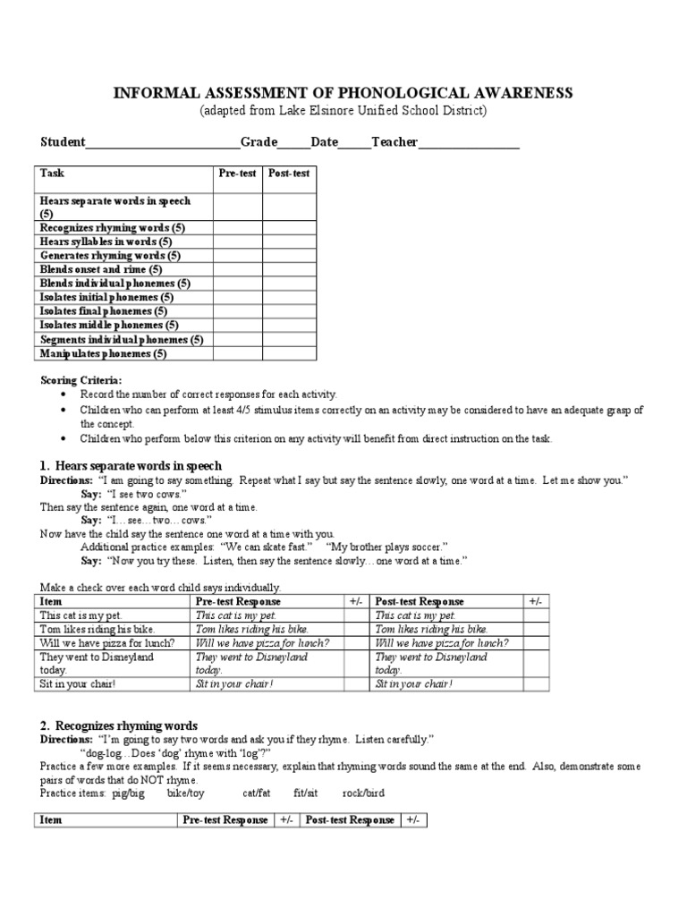 Phonological Awareness Assessment Guide | PDF | Writing | Philology