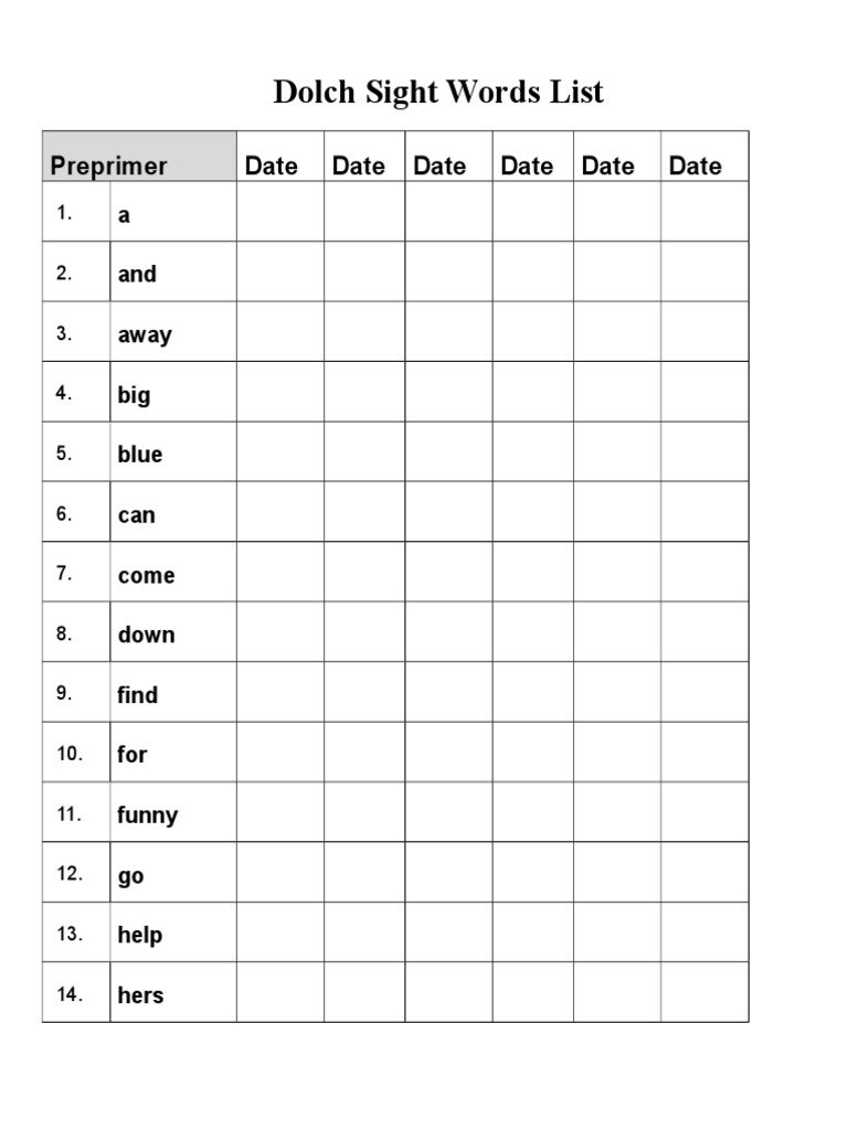Dolch Sight Words Recording Form | PDF