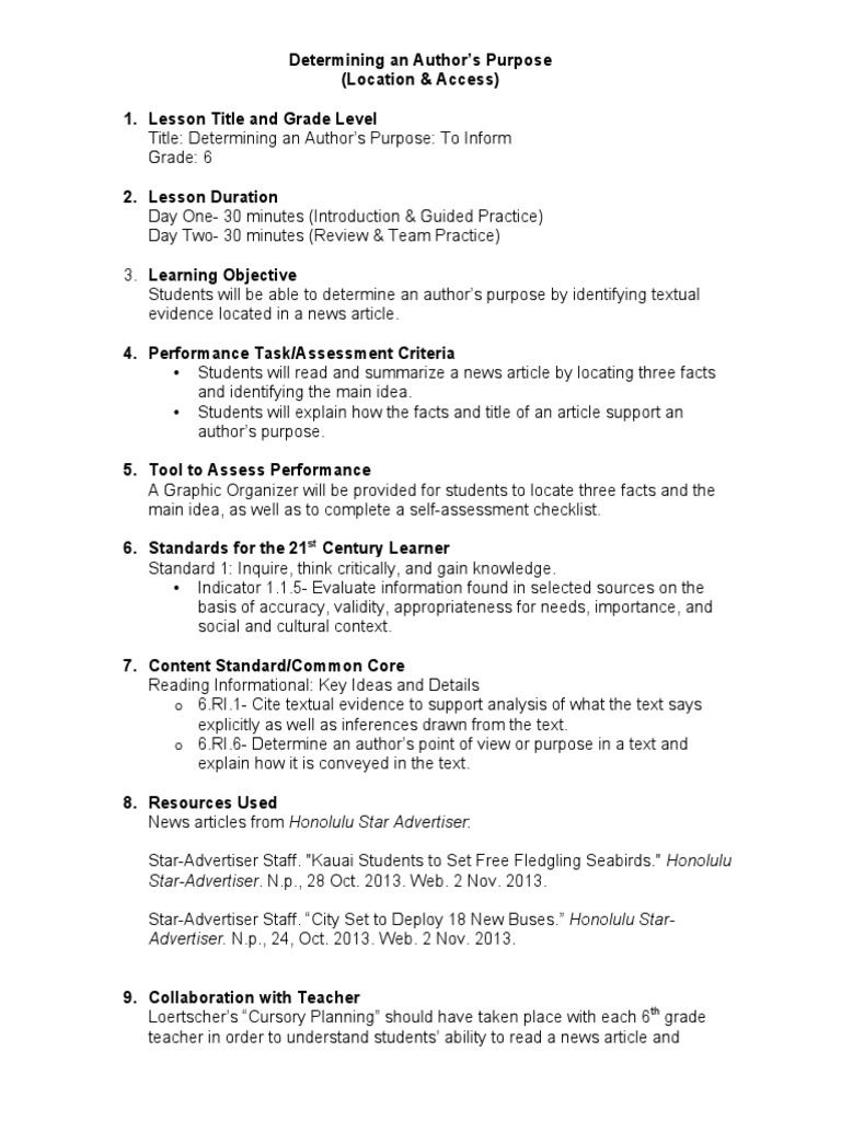 Author's Purpose Lesson for 6th Grade | PDF | News | Educational Assessment