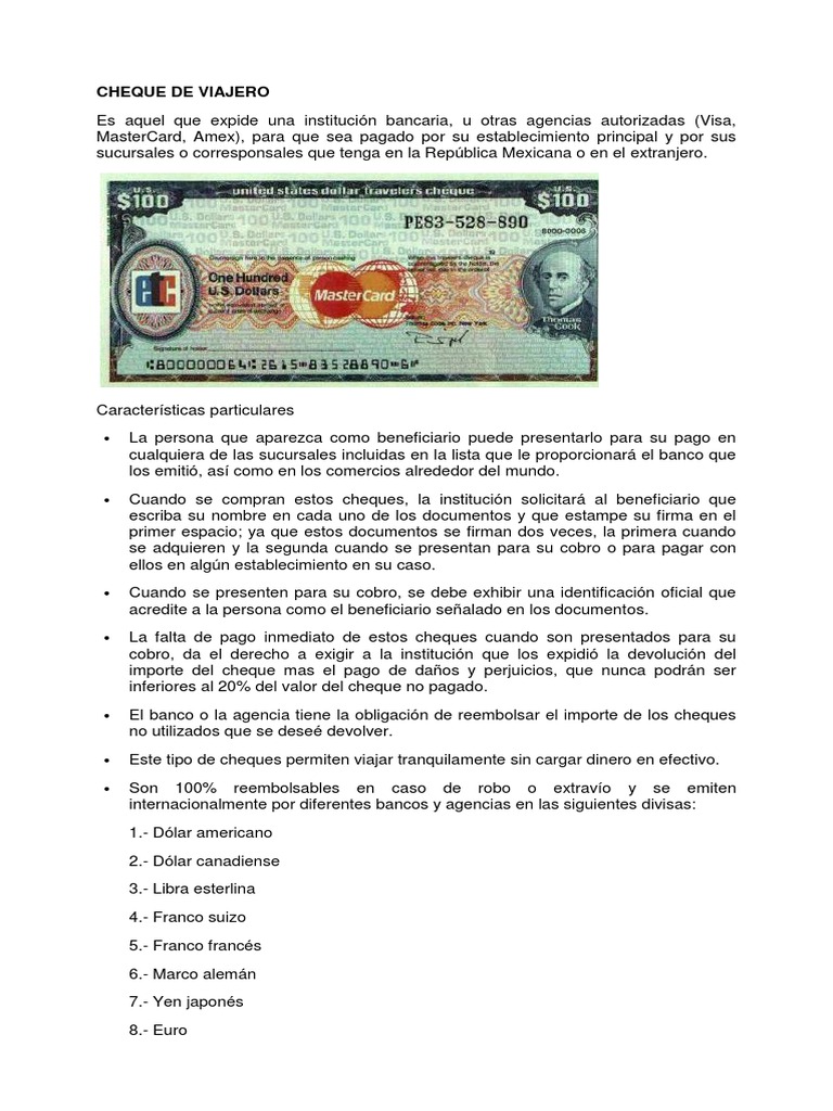 Cheque de Viajero: Características y Uso | PDF | Cheque | Efectivo