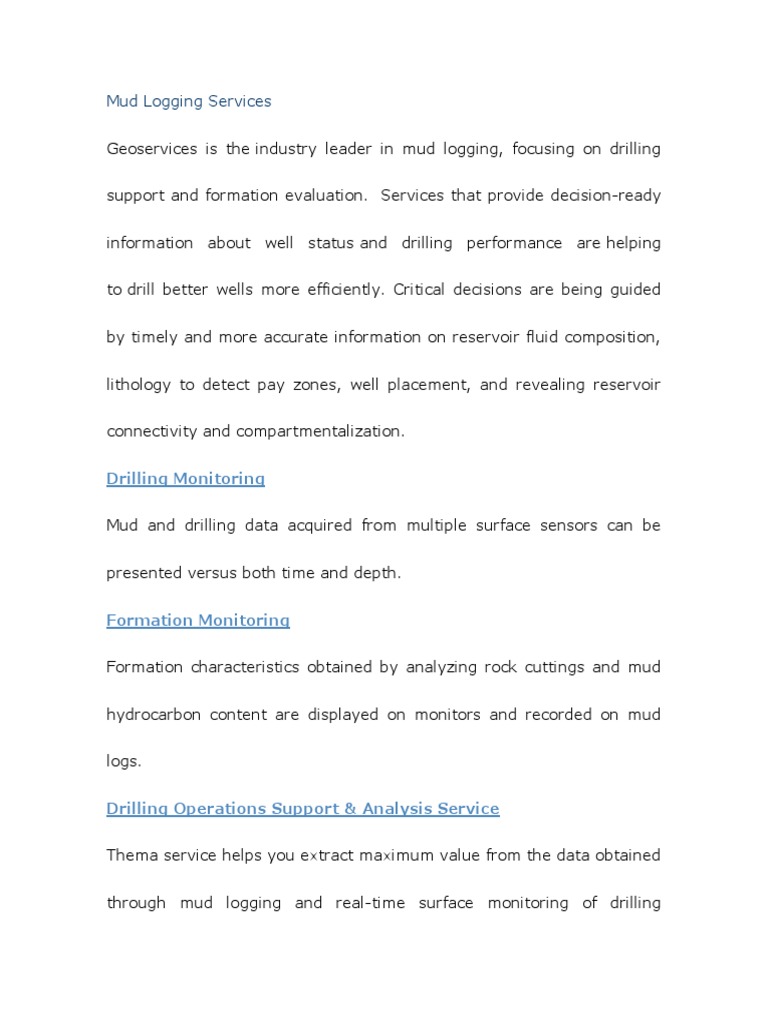 Mud Logging Services | PDF | Drilling Rig | Science