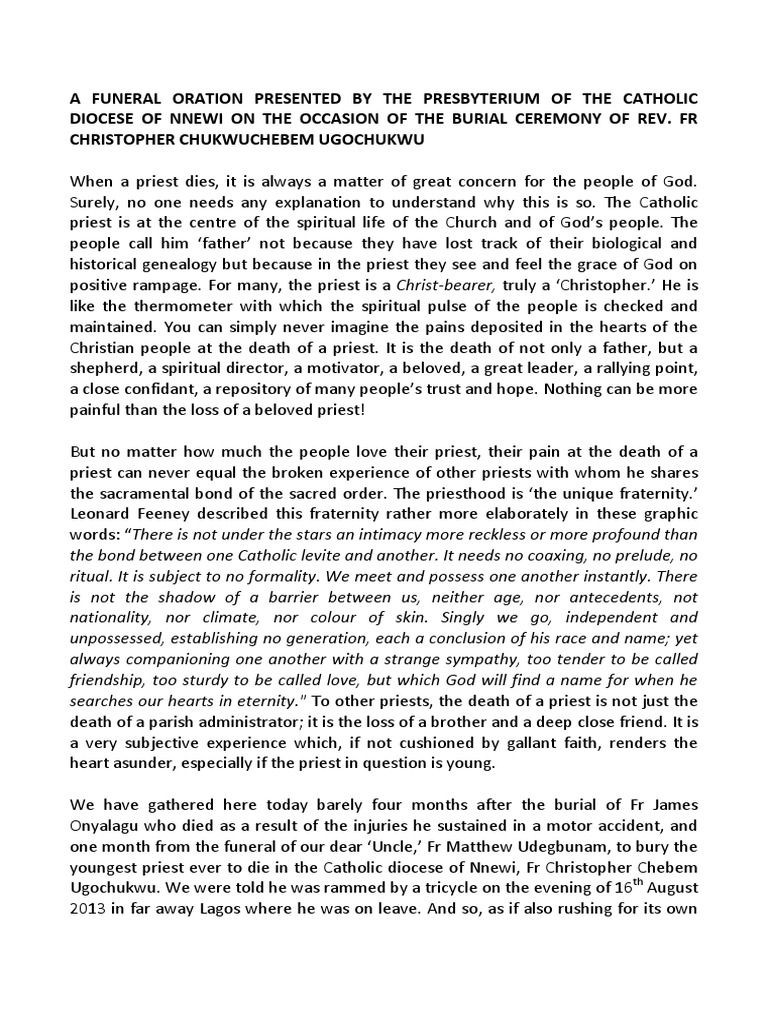 A Funeral Oration Presented by The Presbyterium of The Catholic Diocese ...