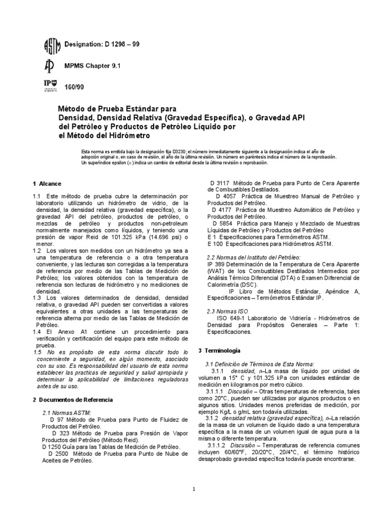 Método de Densidad del Petróleo ASTM D1298 | PDF | Densidad | Temperatura