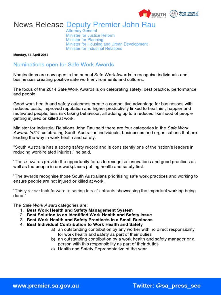 Nominations Open For Safe Work Awards | PDF | Occupational Safety And ...