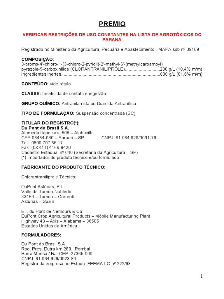 Instruções de Uso do Inseticida Premio para o Controle de Pragas em ...