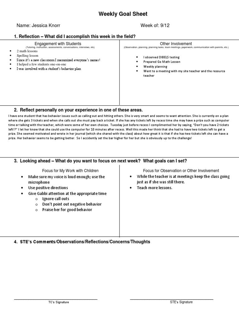 Weekly Goals and Reflections | PDF | Teachers | Reading (Process)