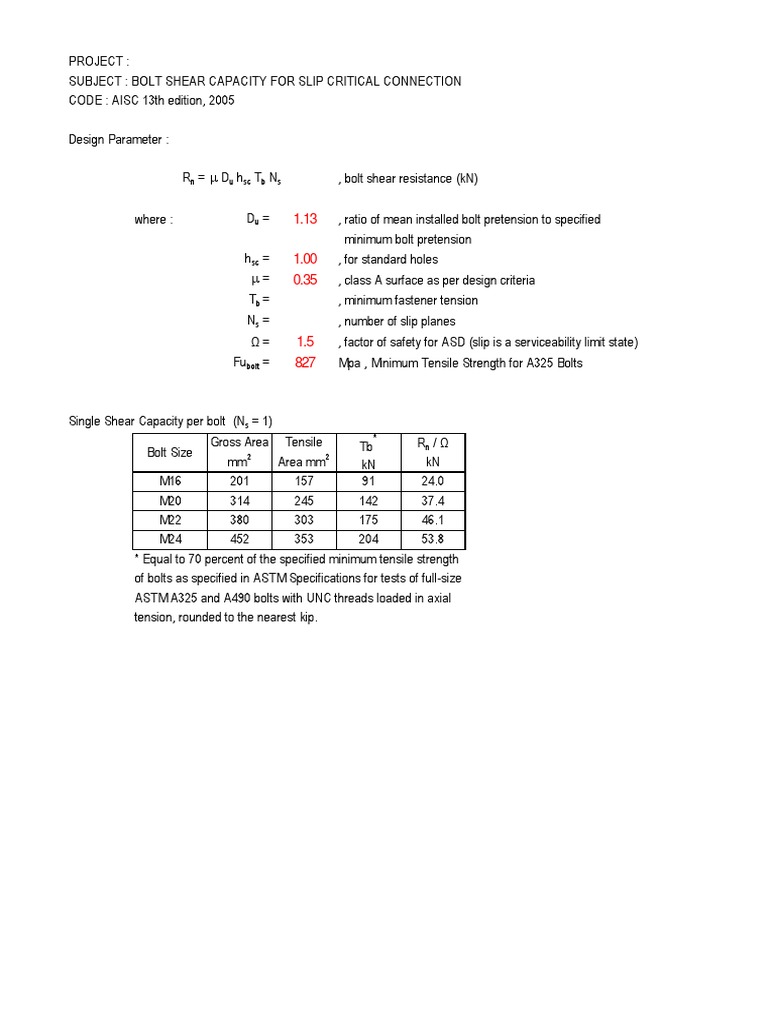 AISC 13th Slip Critical Bolt Capacity ASD | PDF
