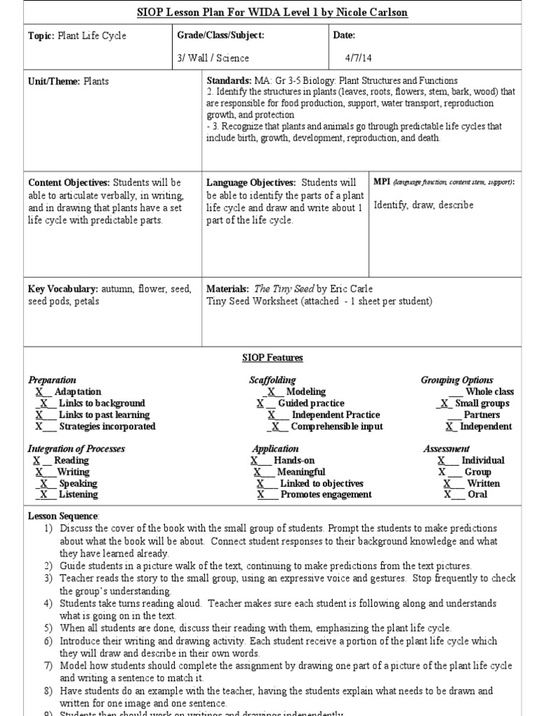 Siop Lesson Plan For Wida Level 1 | PDF | Lesson Plan | Plants