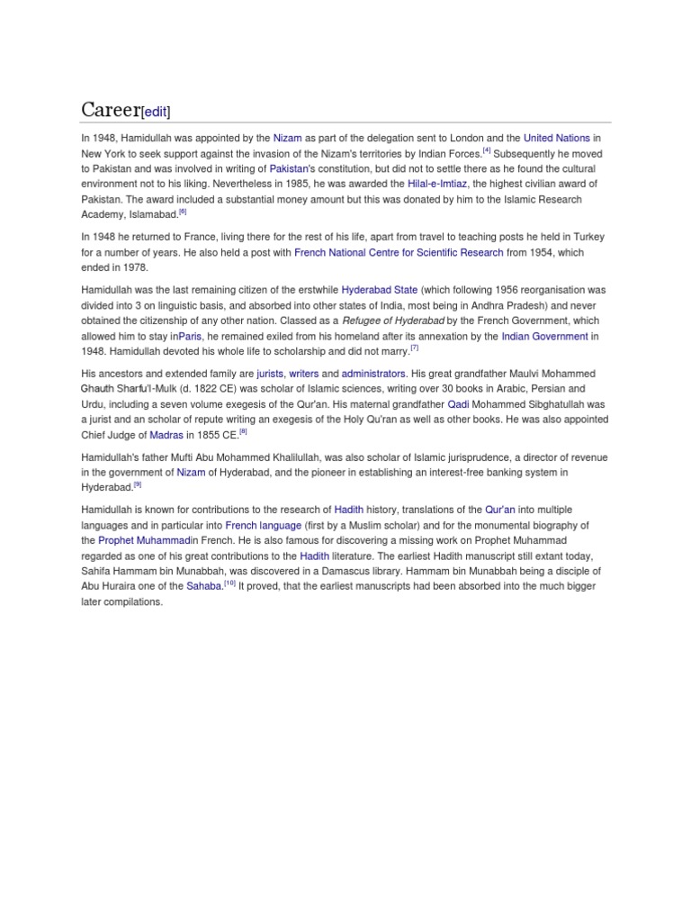 M Hamidullah Career | PDF | Abrahamic Religions | Monotheistic Religions