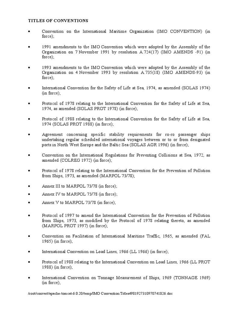 IMO Convention Titles | PDF | Water Transport | Law Of The Sea