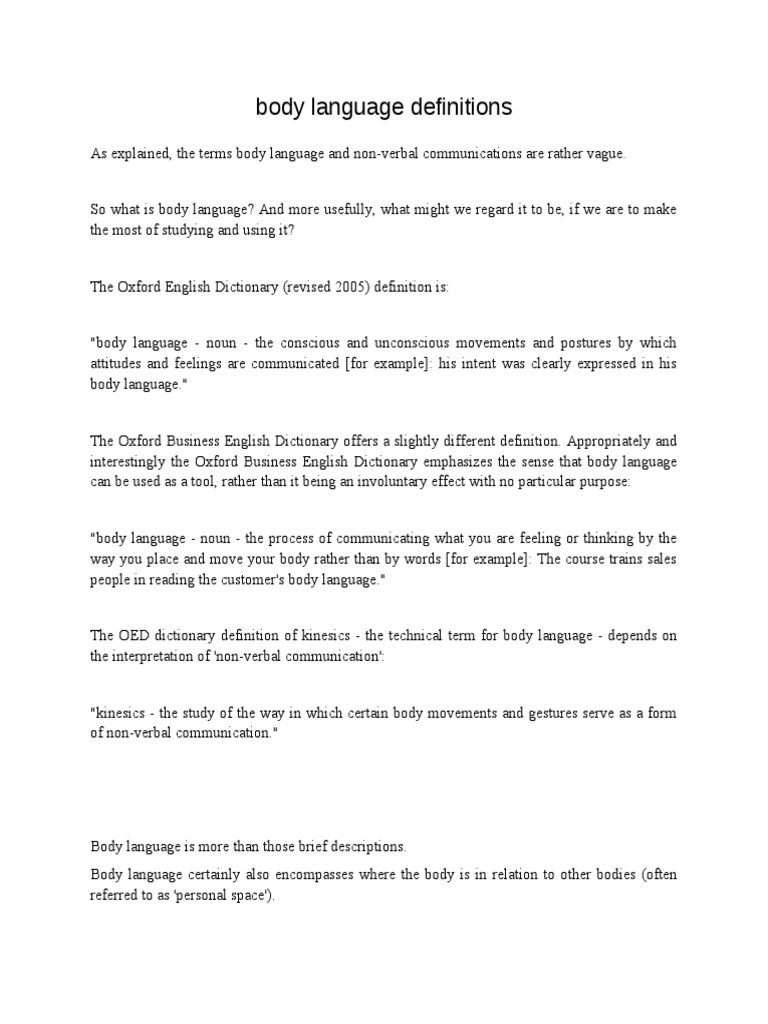 Body Language Definitions | PDF | Body Language | Nonverbal Communication