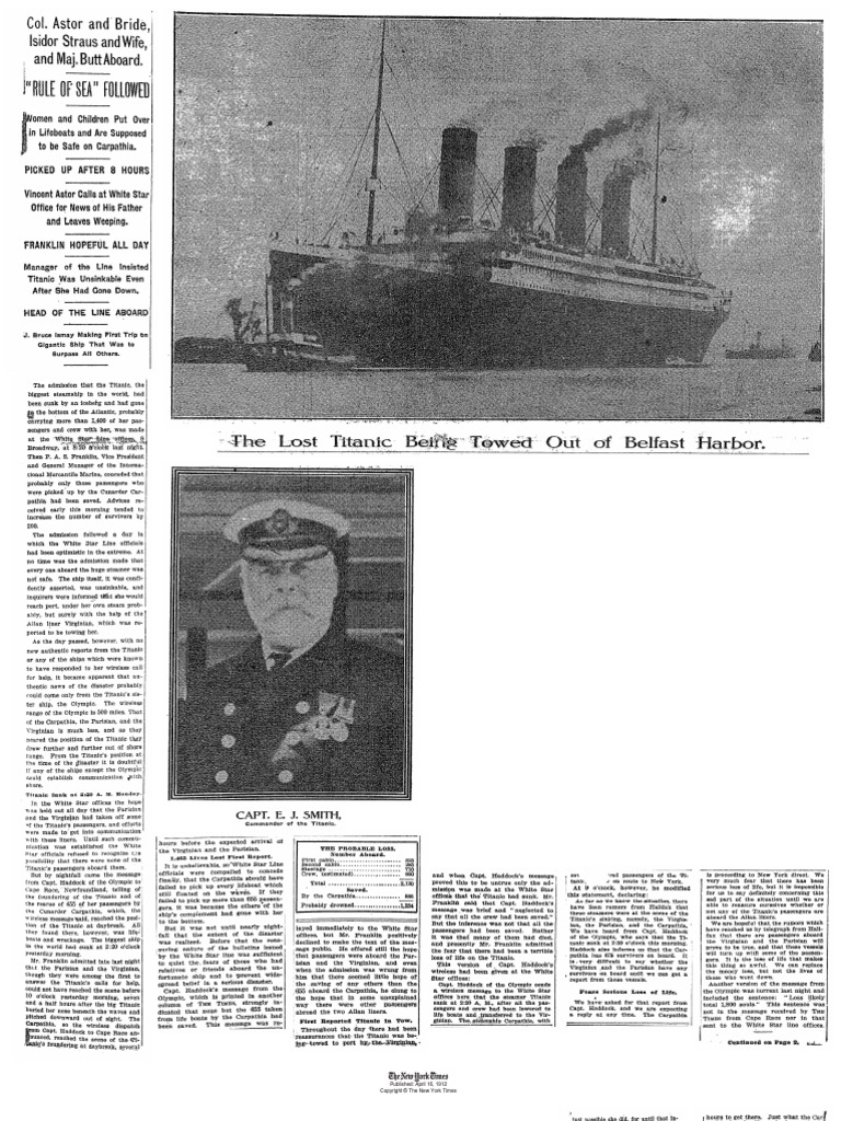 New York Times 1912: Titanic Sinks | PDF | International Maritime ...