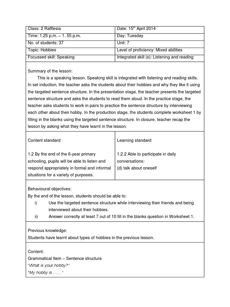 Lesson Plan Year 2 KSSR | PDF | Lesson Plan | Teaching