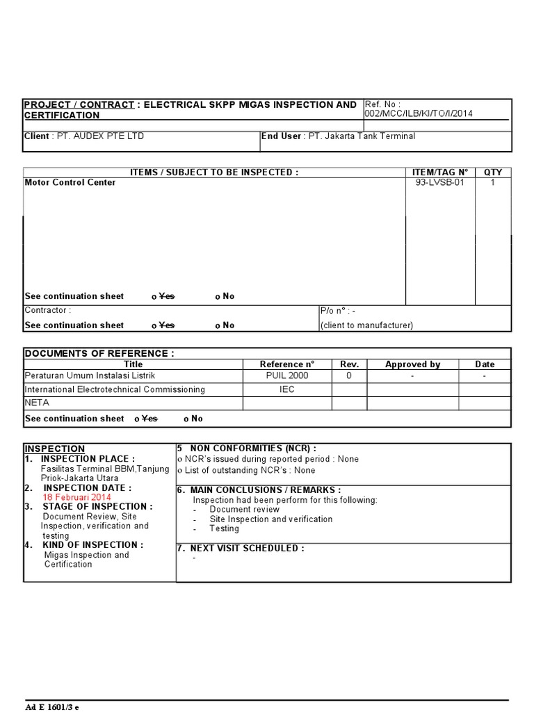 MCC Inspection Report for Audex Pte Ltd | PDF