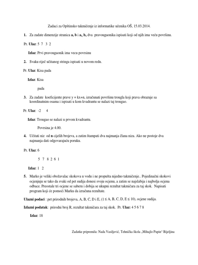 Zadaci Iz Informatike Sa Rjesenjima Opstinskog Takmicenja Iz ...