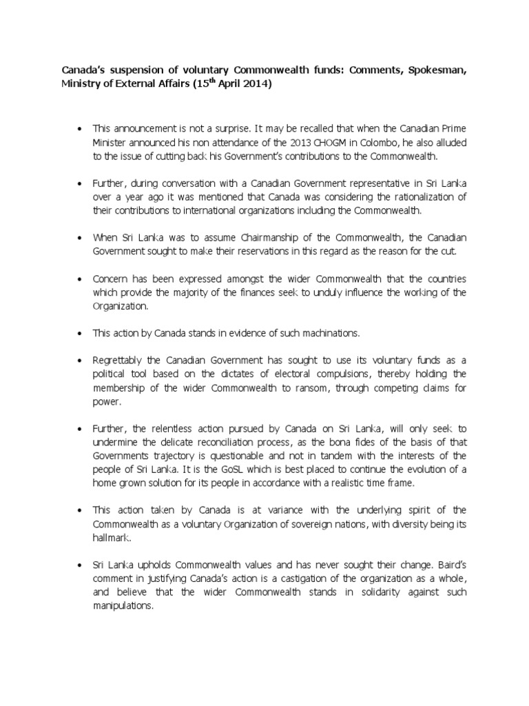 Canada's Suspension of Voluntary Commonwealth Funds | PDF