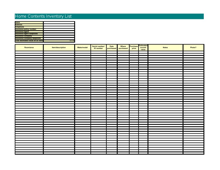 Home Contents Inventory Template (Excel) | PDF