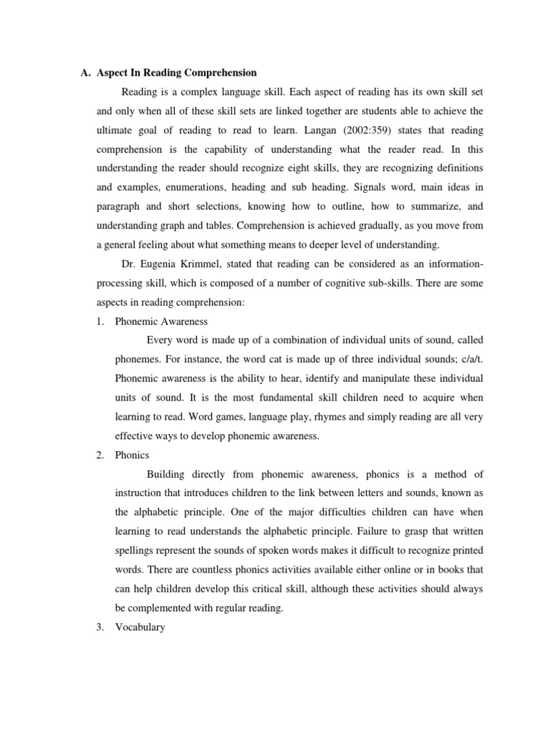 Aspect in Reading Comprehension | PDF | Vocabulary | Learning To Read