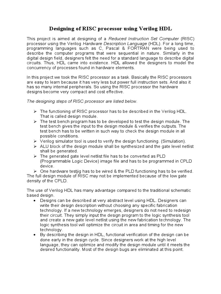 Designing of RISC Processor Using Verilog HDL | PDF | Hardware Description Language | Central ...