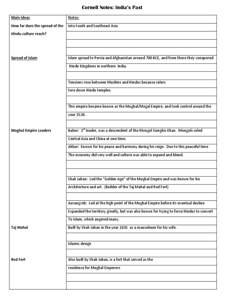Cornell Notes-History of India Key | PDF | Mughal Empire | Asia