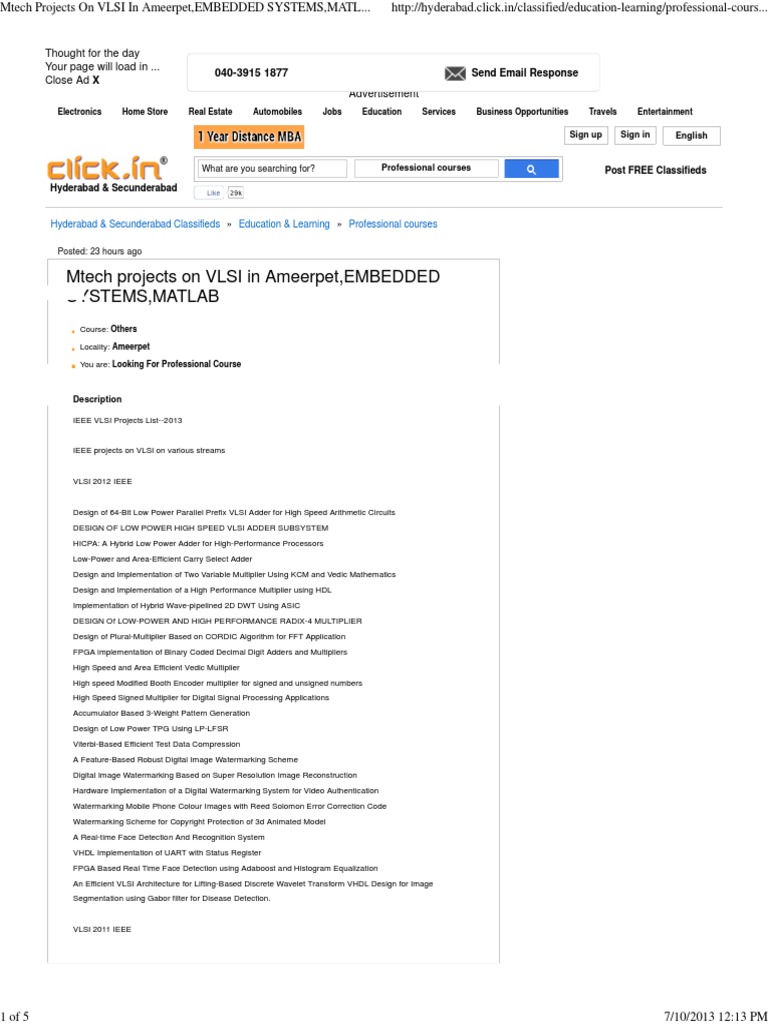 Mtech Projects On VLSI in Ameerpet, EMBEDDED SYSTEMS, MATLAB - Hyderabad & Secunderabad ...