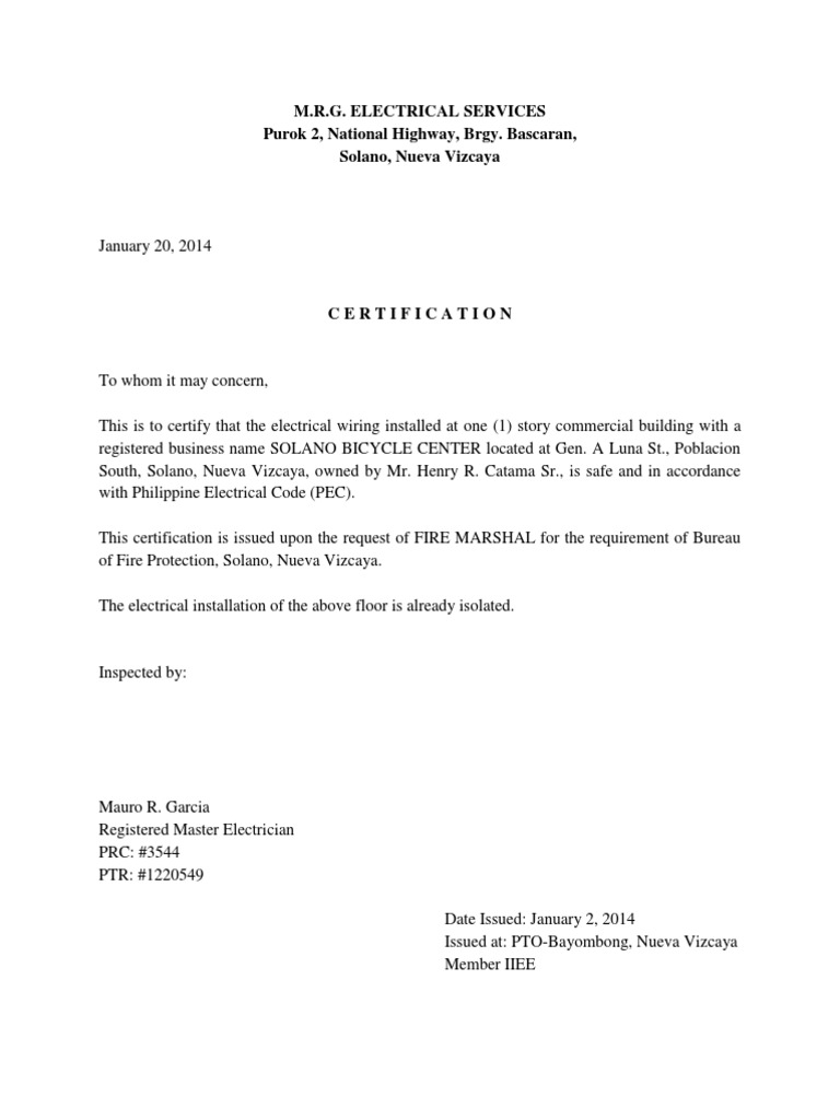 Electrical Safety Certification Solano | PDF