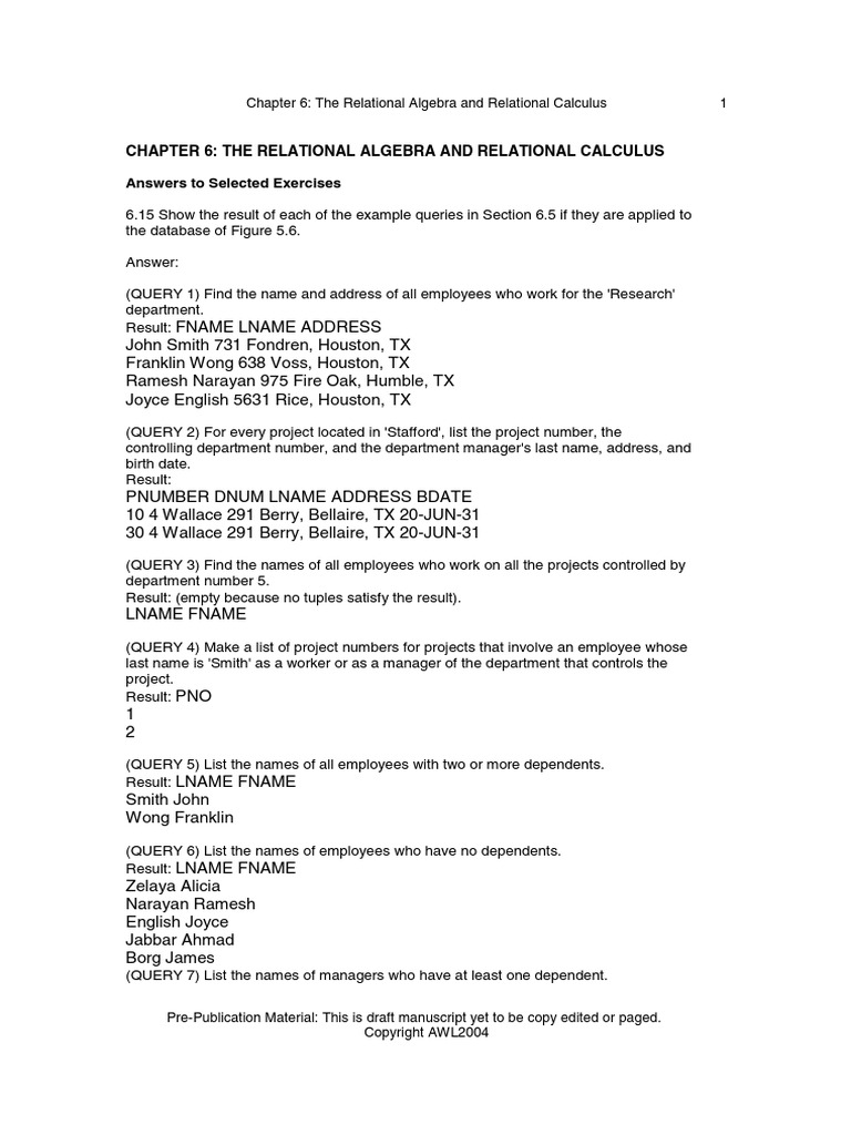 Chapter 6: The Relational Algebra and Relational Calculus: Answers To Selected Exercises | PDF ...