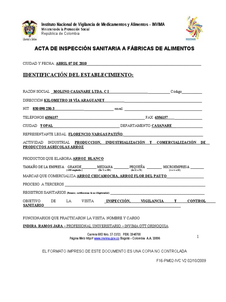 Acta Inspeccion Sanitaria INVIMA | PDF | Agua potable | Agua