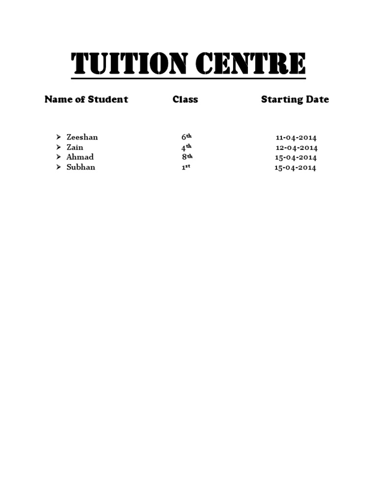 Tuition Centre: Name of Student Class Starting Date | PDF