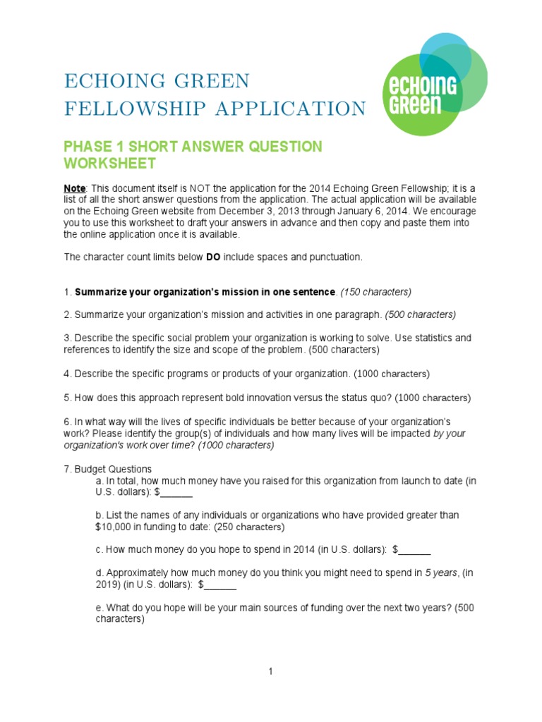 Echoing Green Fellowship Q&A Worksheet | PDF | Business