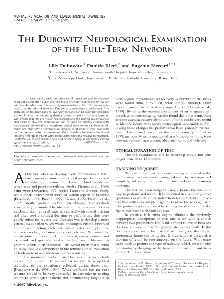 The Dubowitz Neurological Examination | PDF | Neurology | Infants