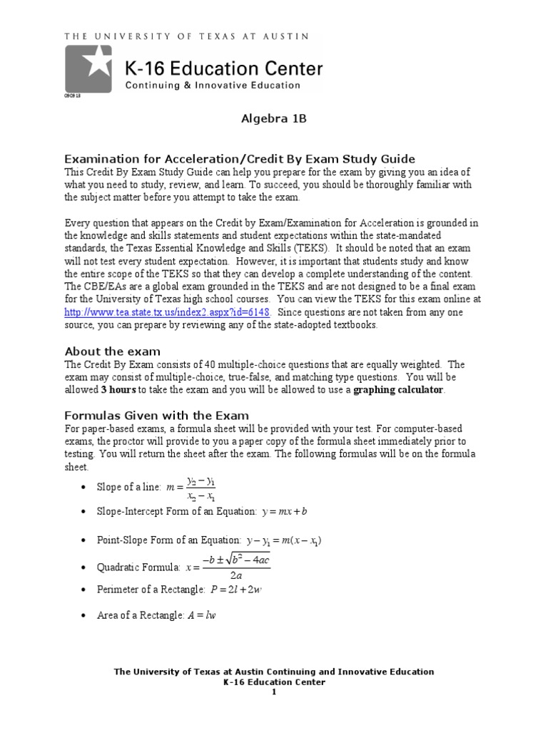 Algebra 1B: The University of Texas at Austin Continuing and Innovative ...