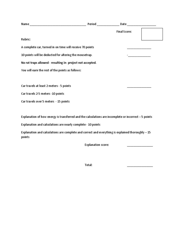 Mousetrap Car Project Rubric | PDF | Nature