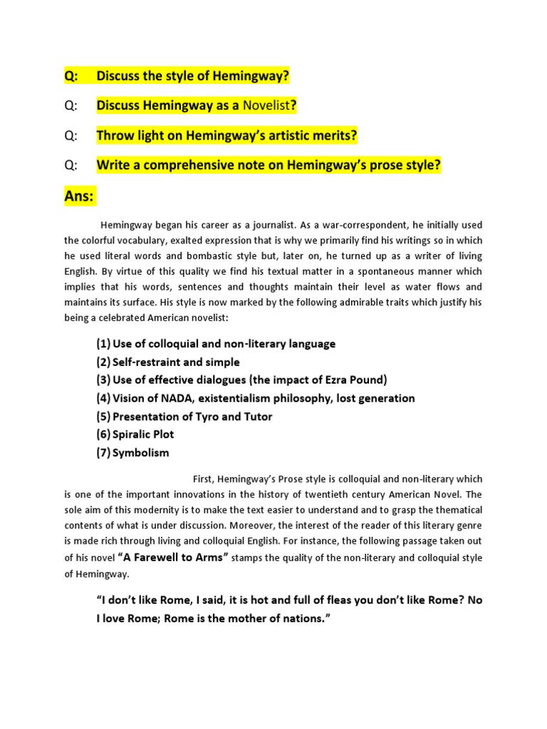 Hemingway's Distinctive Prose Style | PDF | Ernest Hemingway | Novelists