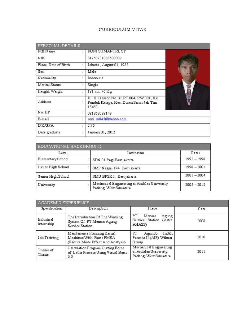 Personal Details: Curriculum Vitae | PDF | Microsoft Office | Mechanical Engineering