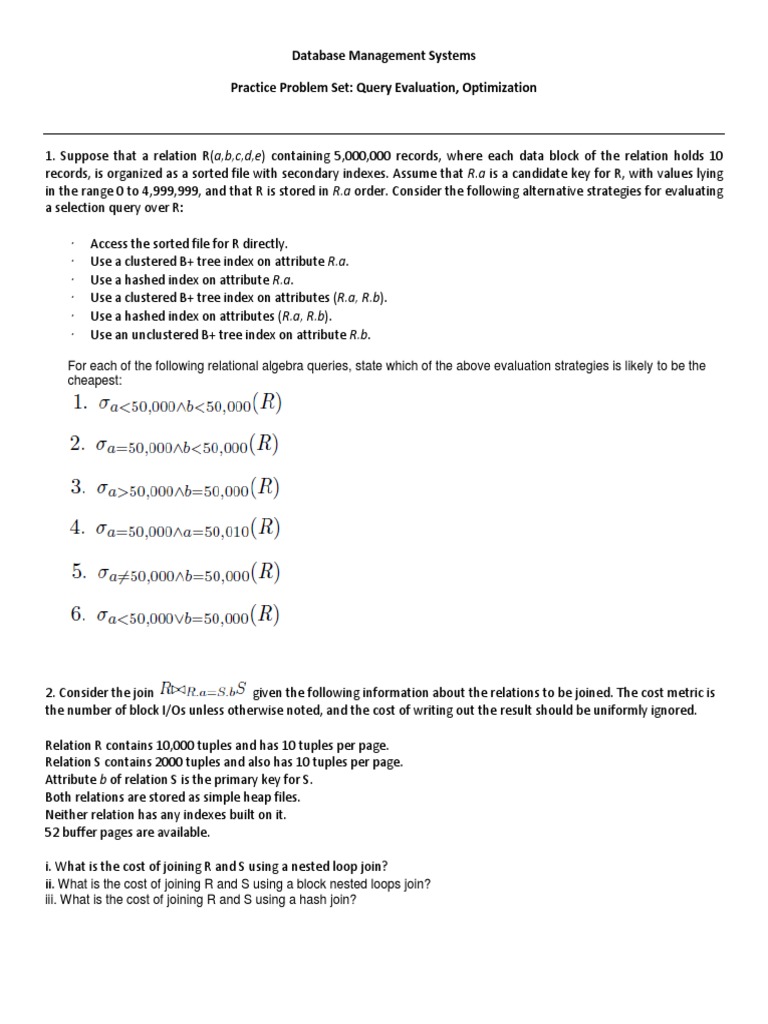 Database Management Systems Practice Problem Set: Query Evaluation, Optimization | PDF ...