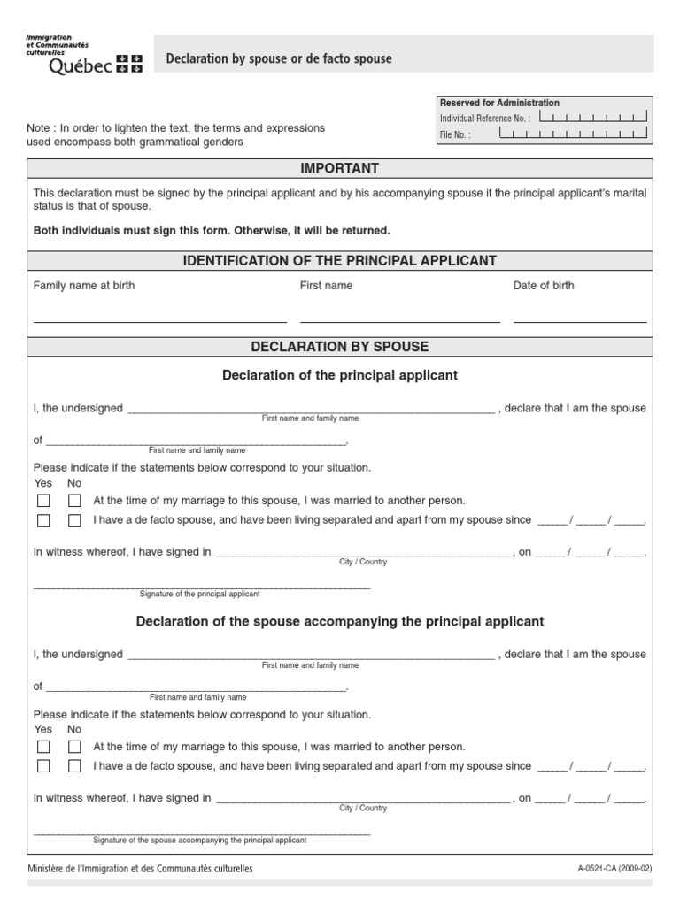 Declaration Spouse Quebec | PDF | Living Arrangements | Marriage