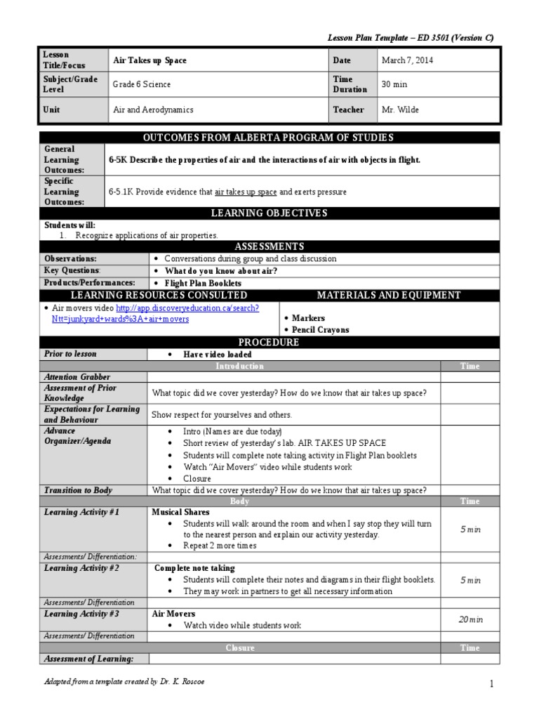 Air Takes Up Space: Grade 6 Lesson Plan | PDF