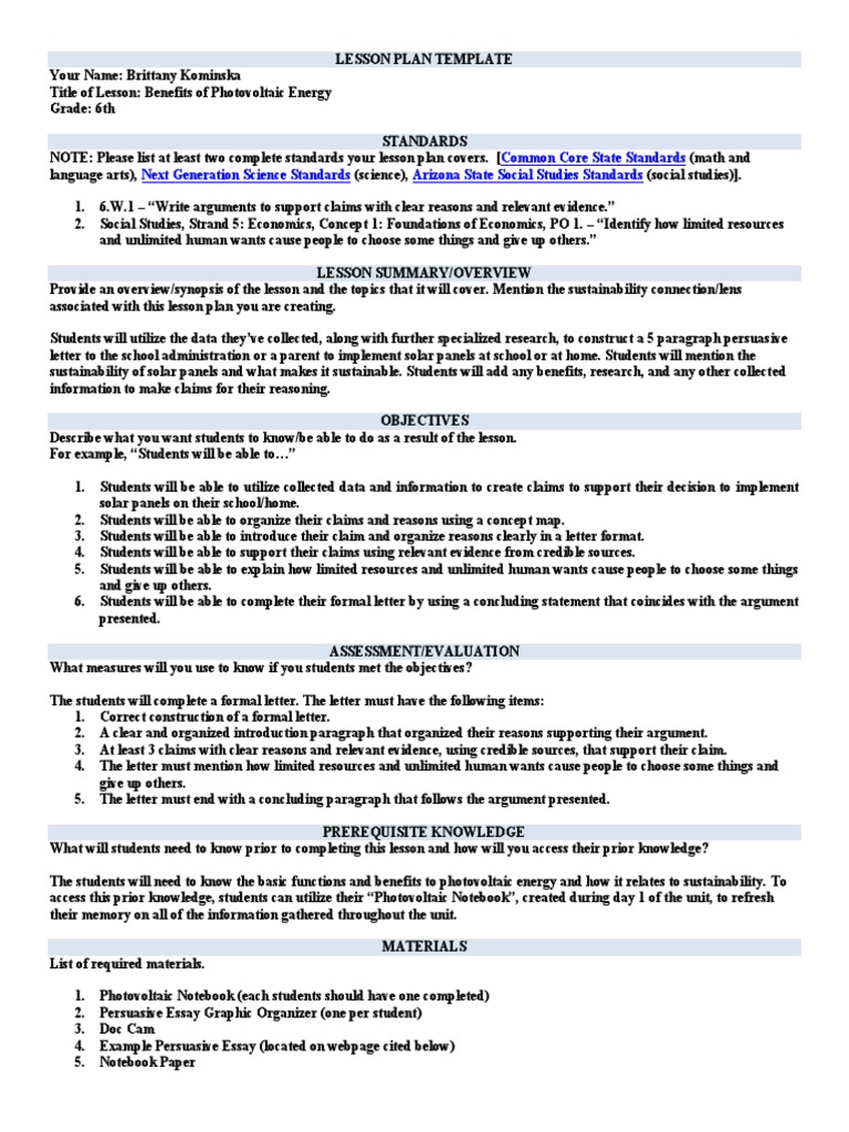 Solar Energy Persuasive Letter Plan | PDF | Photovoltaics | Lesson Plan