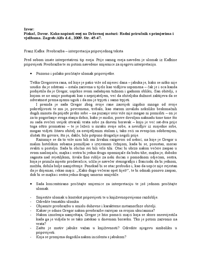 F. Kafka Preobrazba Primjer I Analiza Eseja | PDF