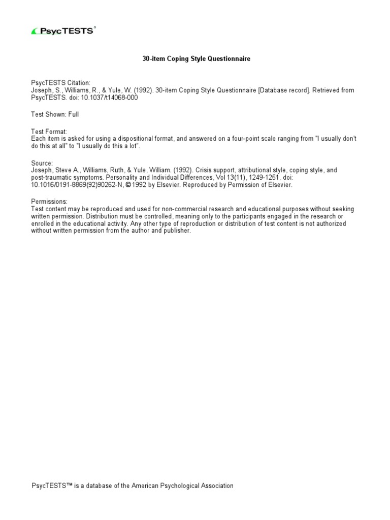 30-Item Coping Style Questionnaire | Coping (Psychology) | Limbic System