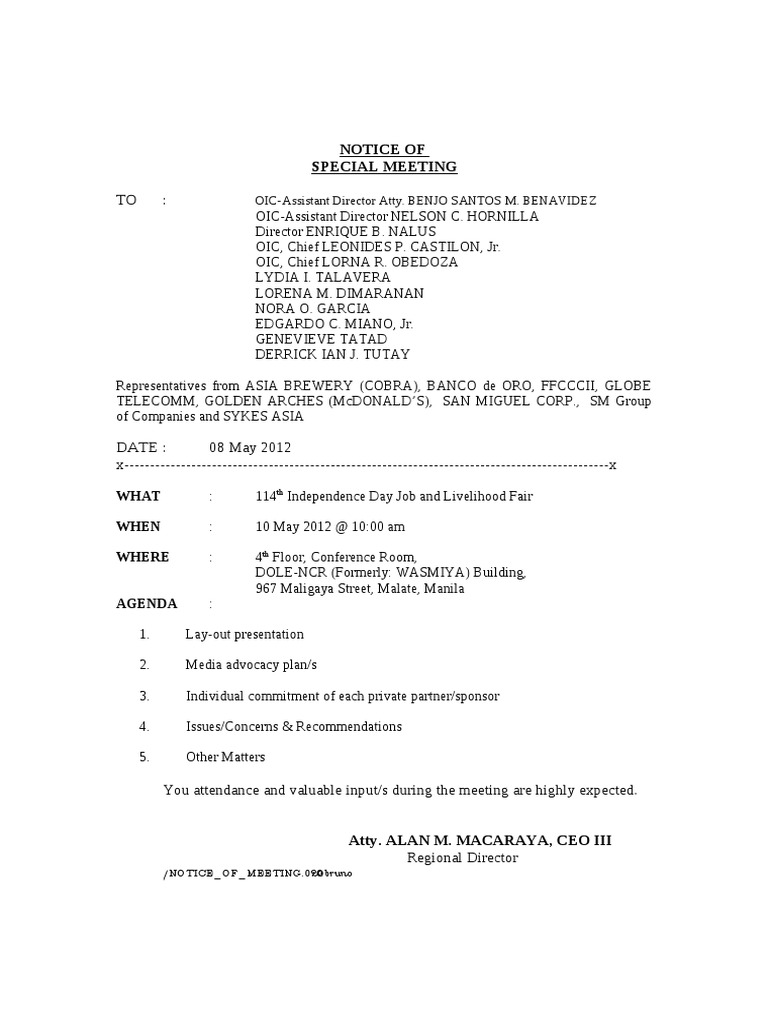 Notice of Special Meeting: OIC-Assistant Director Atty. BENJO SANTOS M ...
