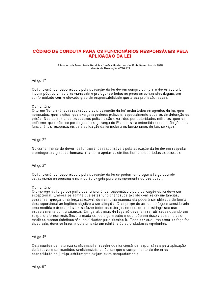 CÓDIGO DE CONDUTA PARA OS FUNCIONÁRIOS RESPONSÁVEIS PELA APLICAÇÃO DA ...
