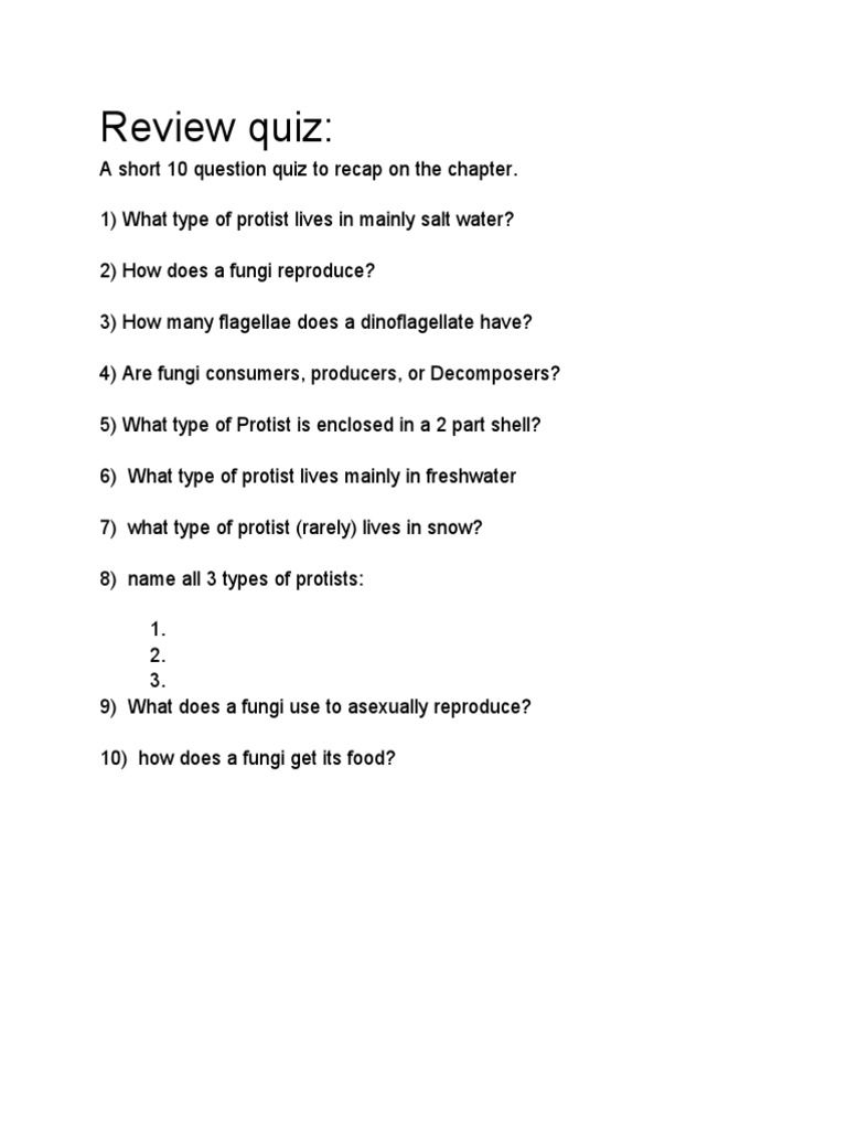Protists and Fungi Quiz Review | PDF