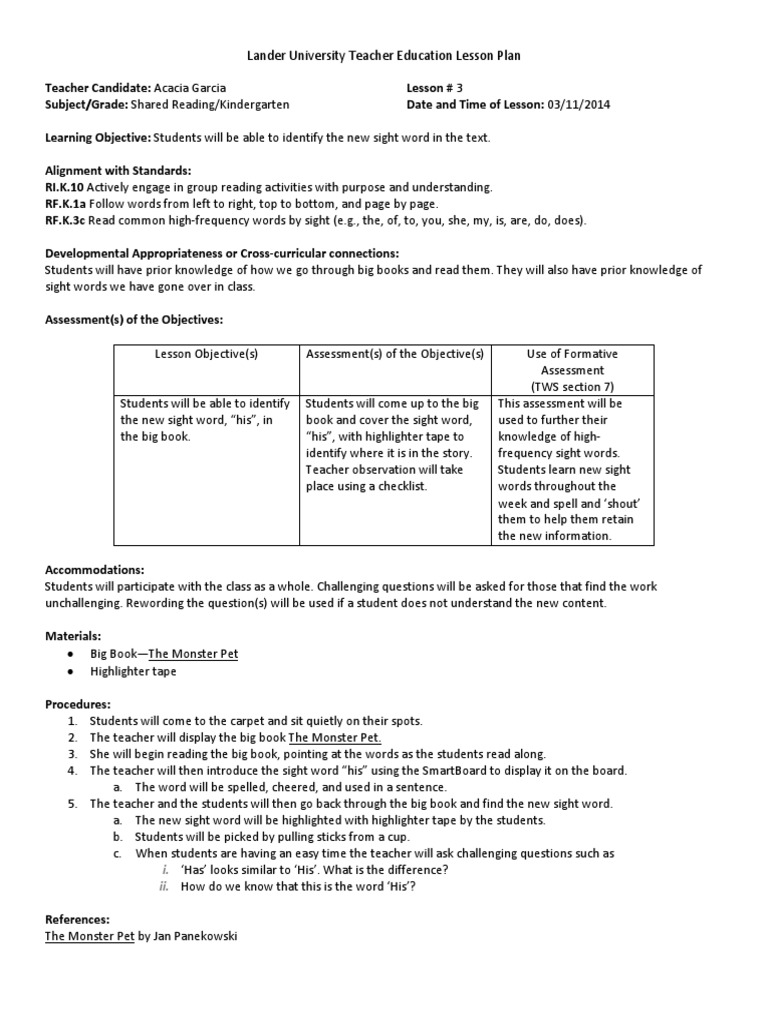 Kindergarten Sight Word Lesson Plan | PDF | Educational Assessment ...