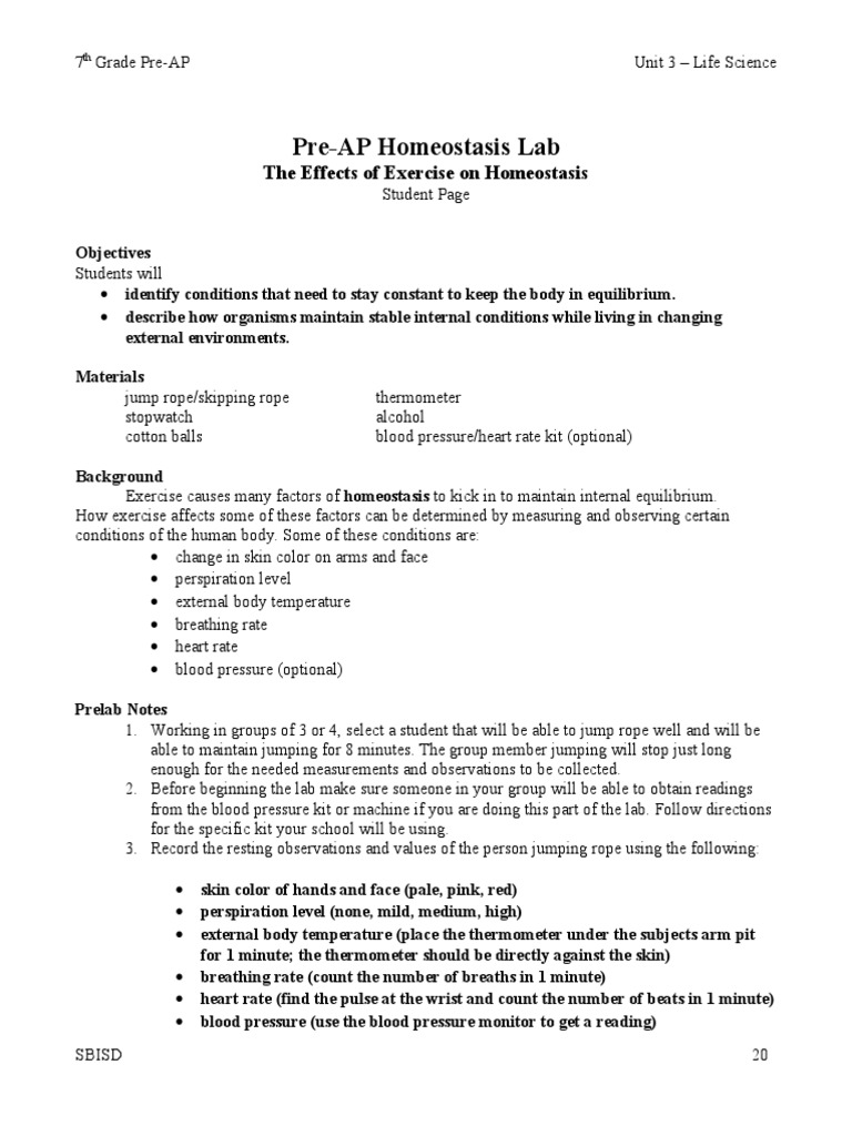 Preap Homeostasis Lab Student Page | PDF | Breathing | Thermometer